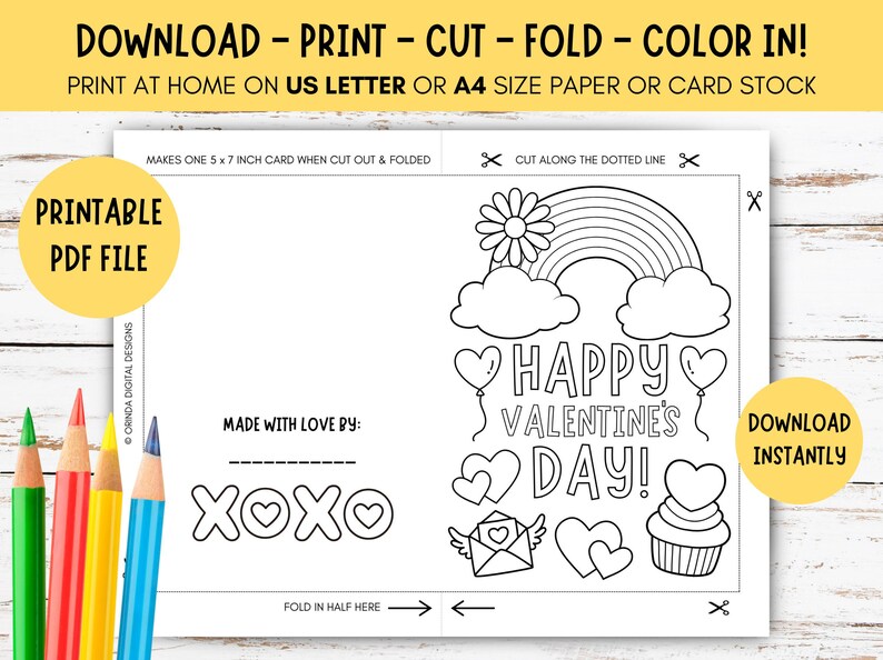 Kids Coloring Valentine's Day Card - PRINTABLE Valentine's Day Card for ...