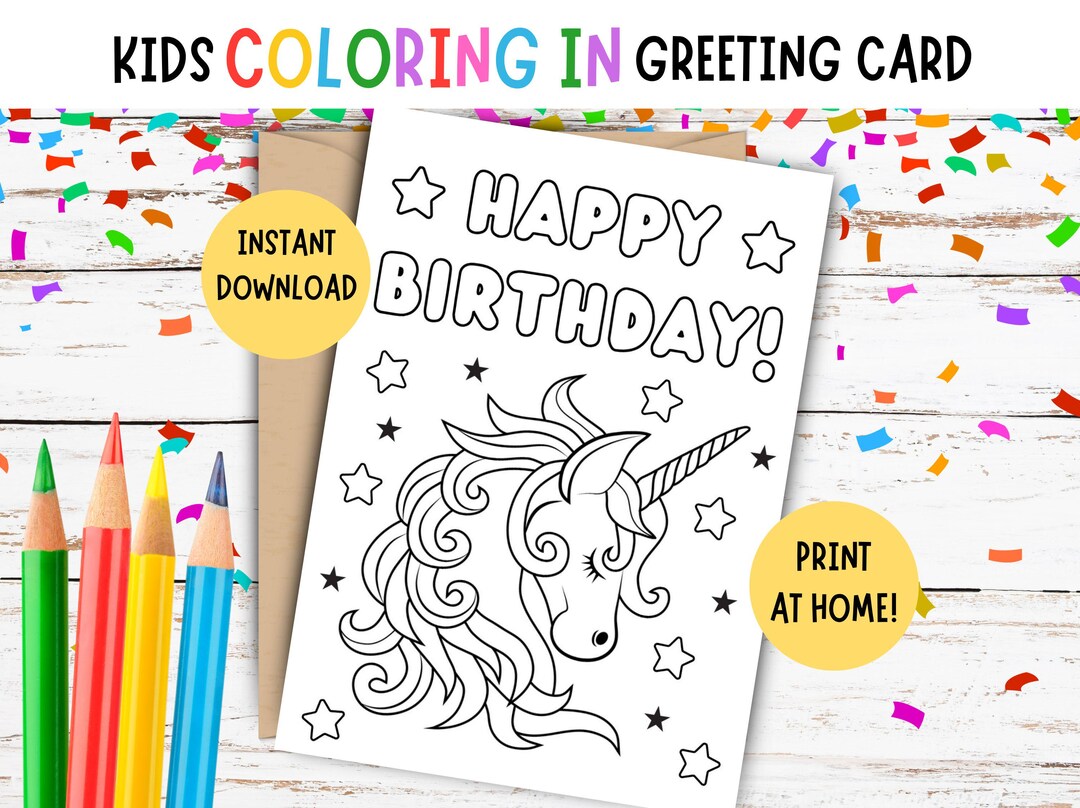 Kids Birthday Coloring Card - PRINTABLE Kids Unicorn Coloring Card ...