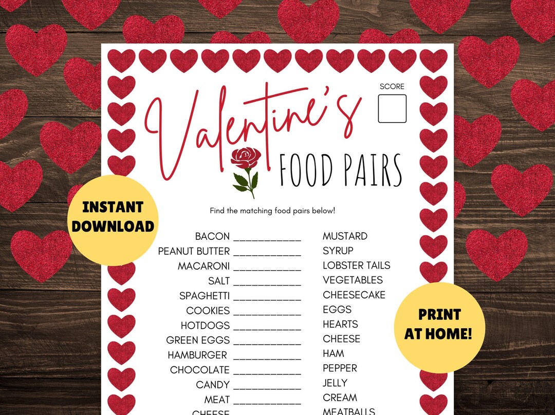 Valentine's Food Pairs Game - PRINTABLE Valentine's Match the Pairs of ...