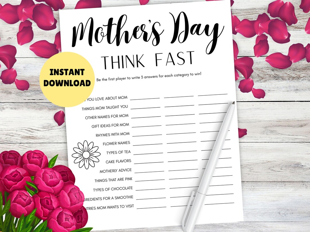 Think Fast Game! PRINTABLE Mother's Day Game, Moms Think Quick Game ...