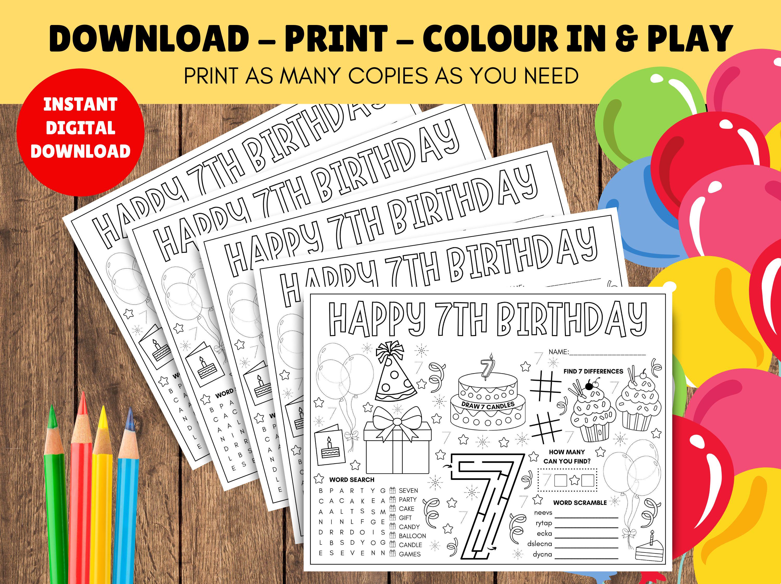 7th Birthday Activity Placemats - Printable Kids Birthday Placemat ...
