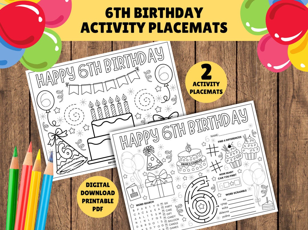 6th Birthday Activity Placemats - Printable Kids Birthday Placemat ...