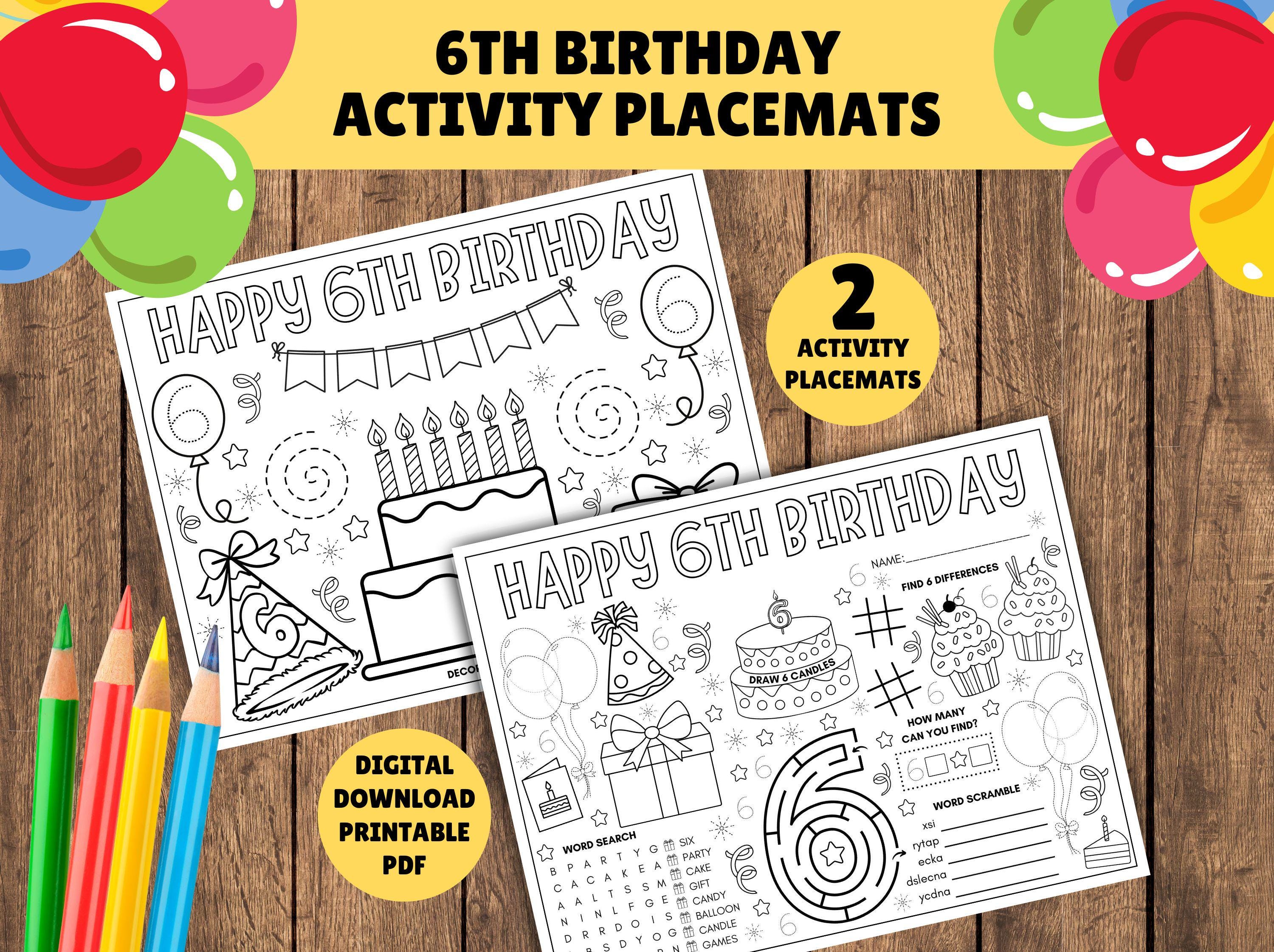 6th Birthday Activity Placemats - Printable Kids Birthday Placemat ...