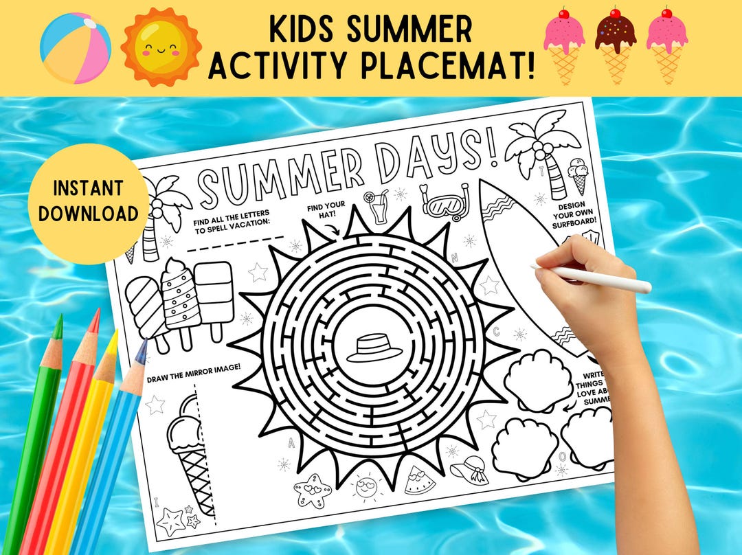 Kids Summer Activity Placemat! PRINTABLE Summer Kids Activity Page ...