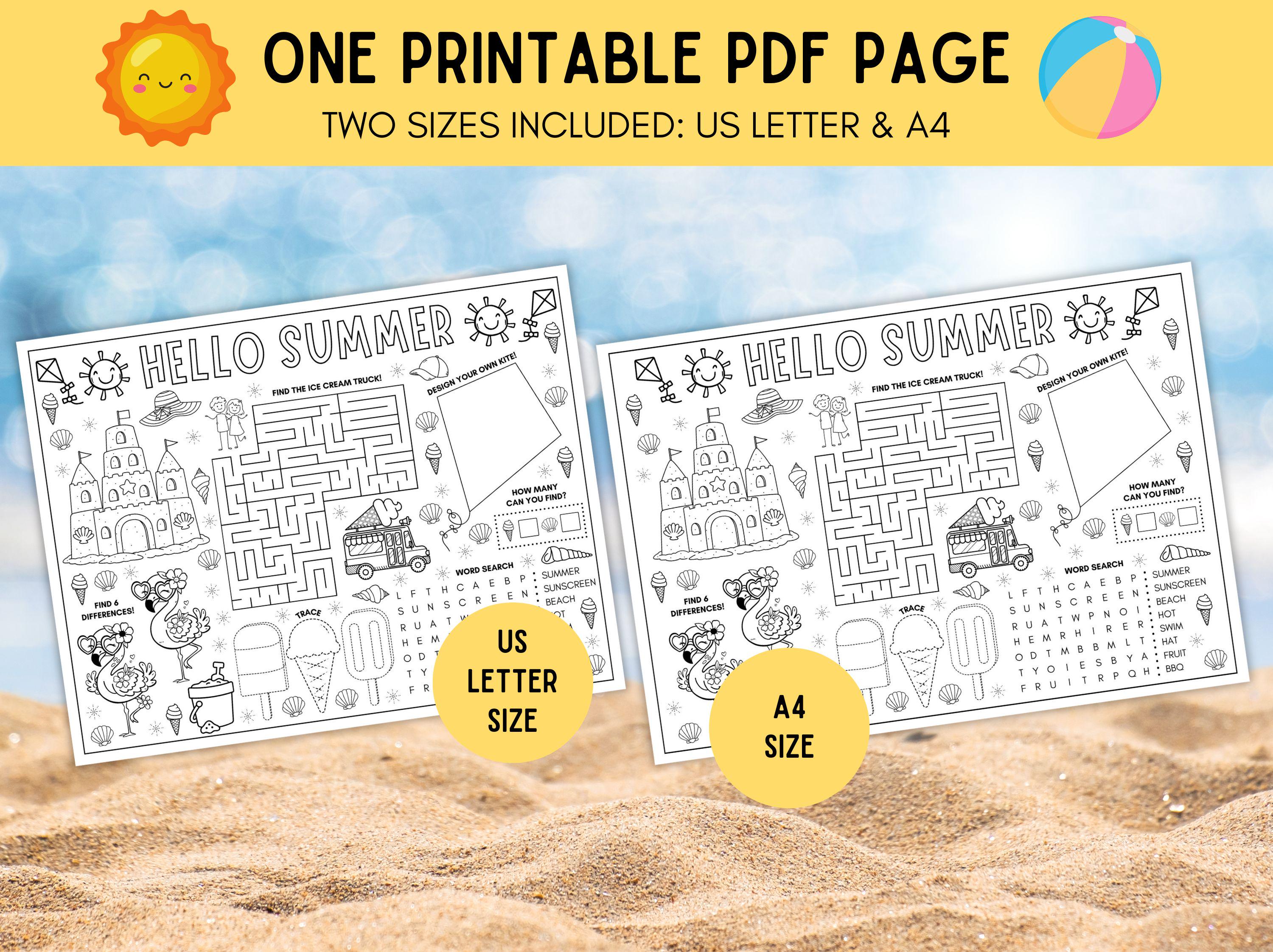 Kids Summer Activity Placemat! PRINTABLE Summer Kids Activity Page ...