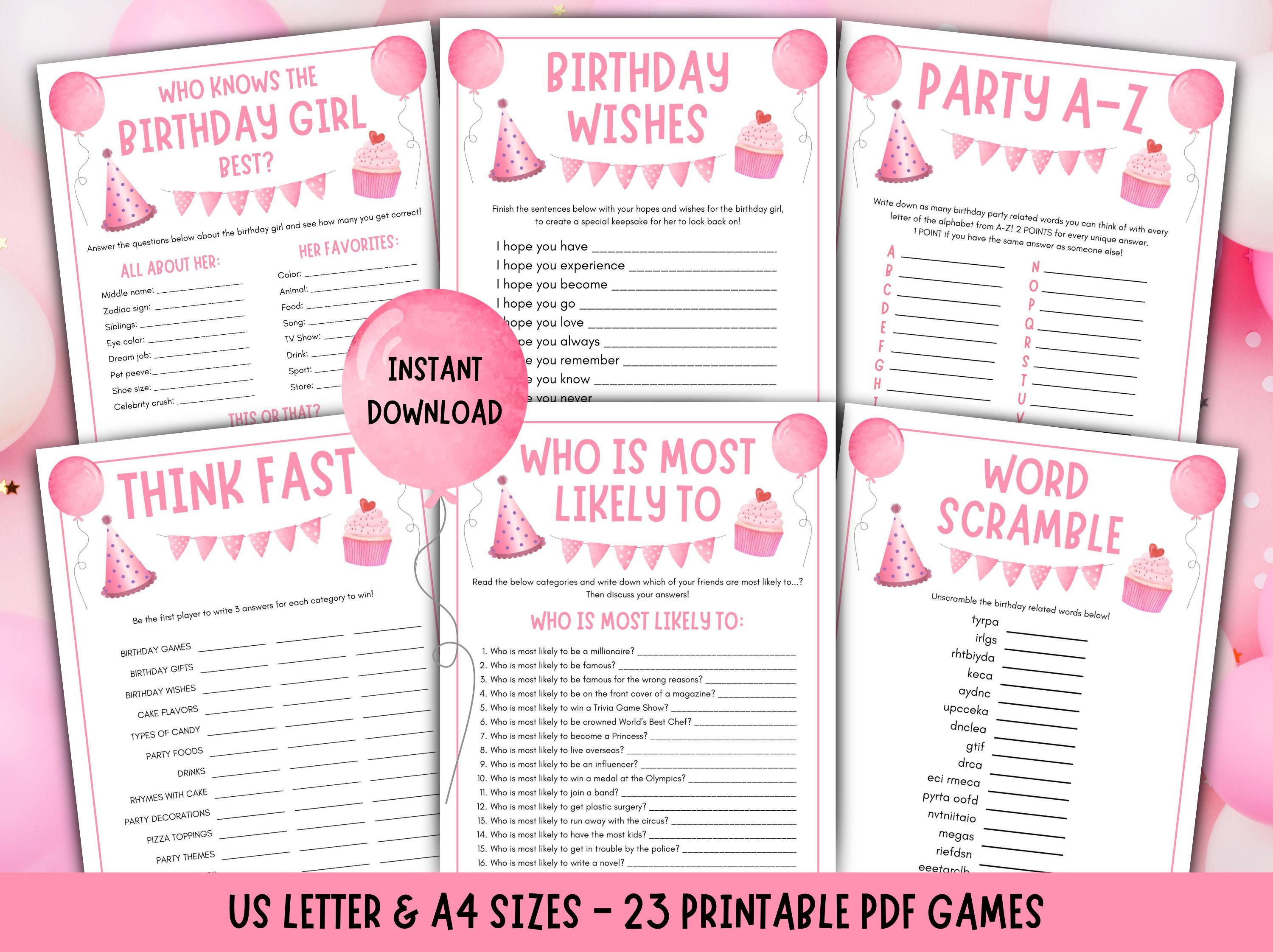 23 X Birthday Games for Her! PRINTABLE Girls Teens Birthday Games ...