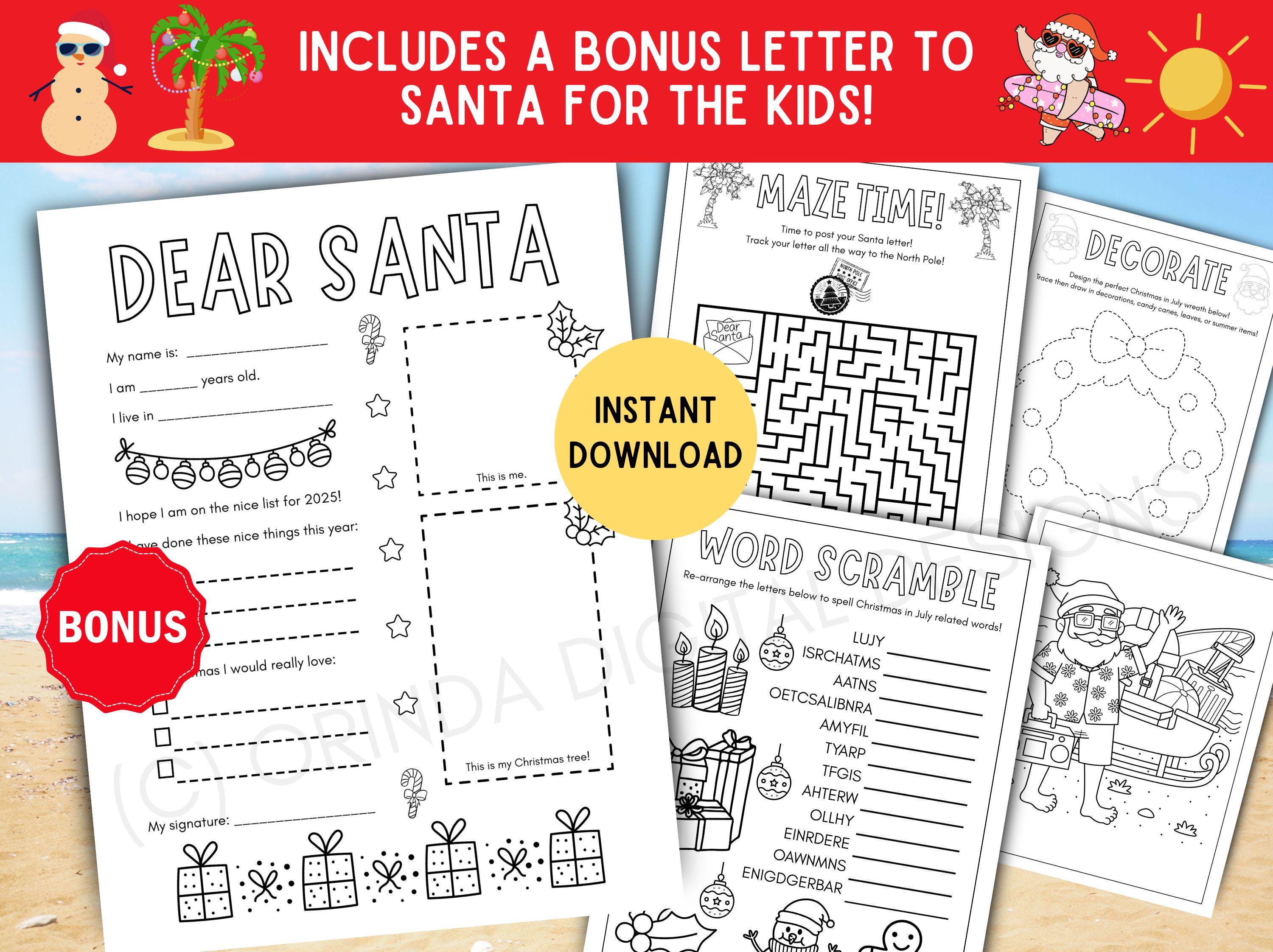 Kids Christmas in July Activity Book & Coloring Pages BONUS Letter to ...