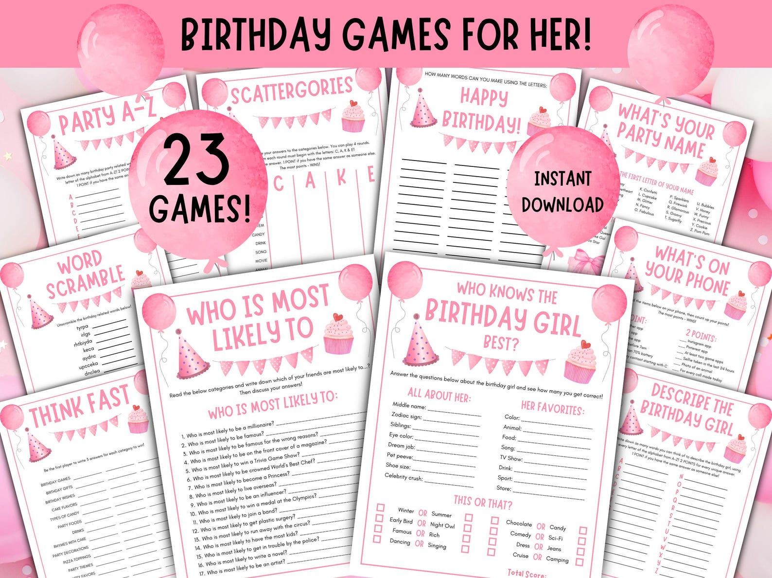 23 X Birthday Games for Her! PRINTABLE Girls Teens Birthday Games ...