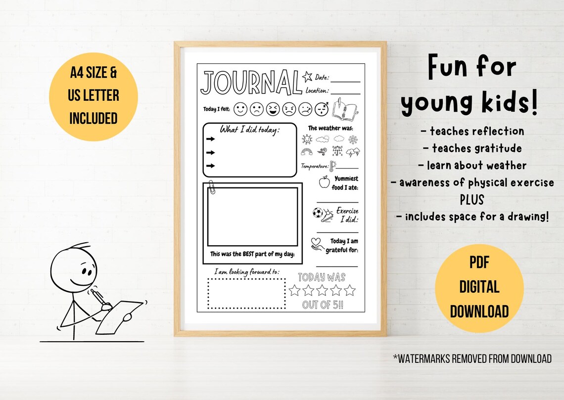 Kids Daily Journal Page - DIGITAL DOWNLOAD Pdf - Children's Diary - One ...