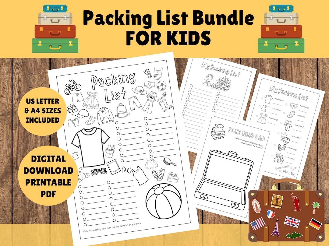 Kids Packing List Bundle - 4 Printable PDF Pages - Instant DIGITAL ...