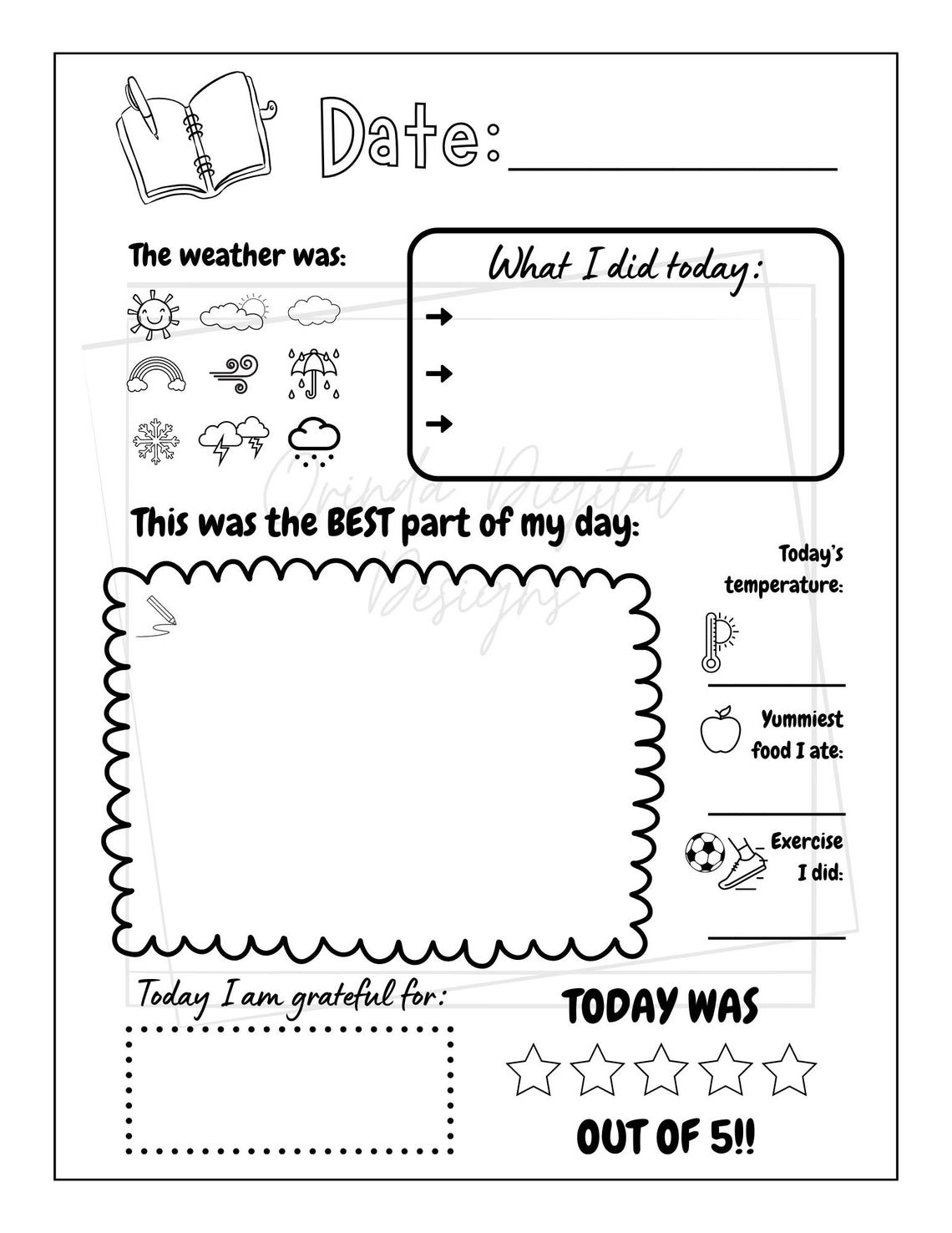 Kids Daily Journal Page - DIGITAL DOWNLOAD Pdf - Children's Diary - One ...