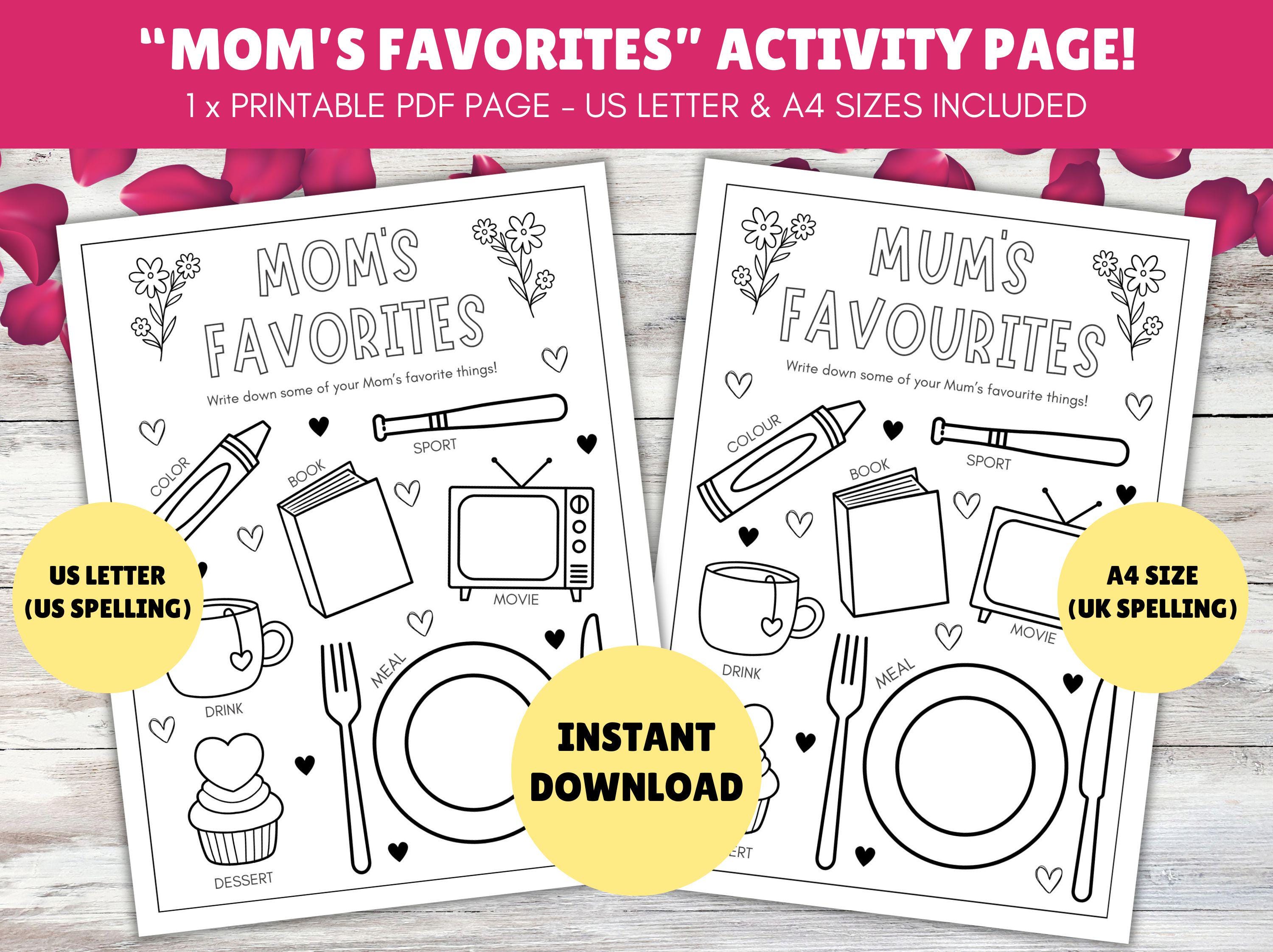Mom's Favorites Activity Page! PRINTABLE Kids Mother's Day Activity ...
