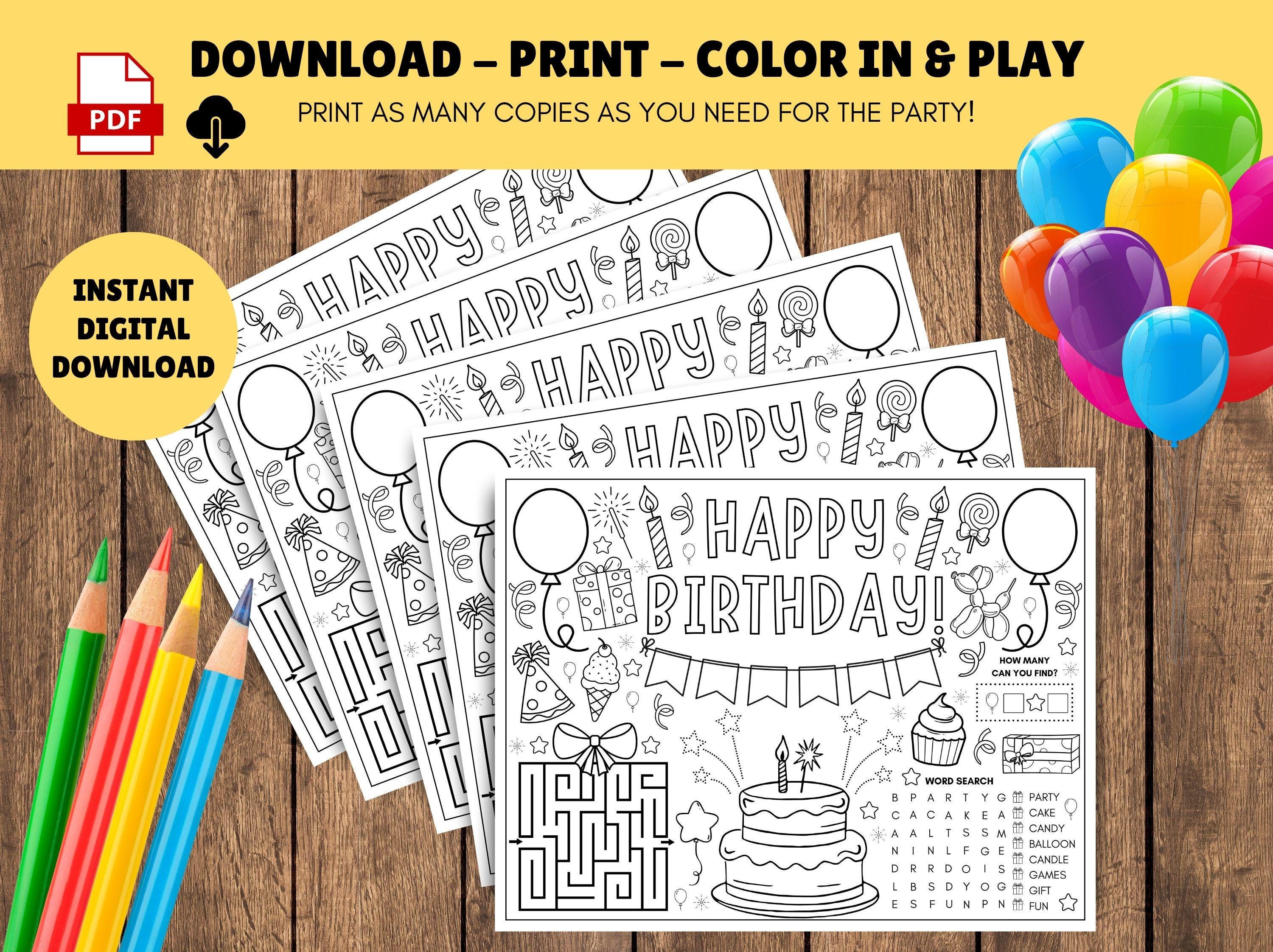 Kids Birthday Activity Placemat - PRINTABLE Kids Birthday Party ...