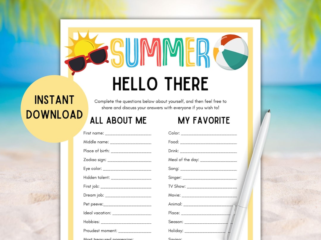 Summer All About Me Page! PRINTABLE Summer Introductions Page, Summer ...