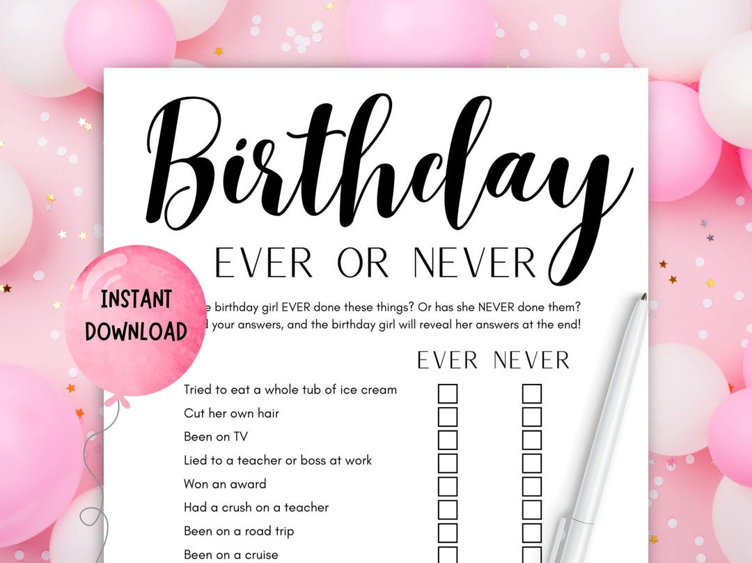 Ever or Never Birthday Game! PRINTABLE Has She Ever Party Game, Girls ...