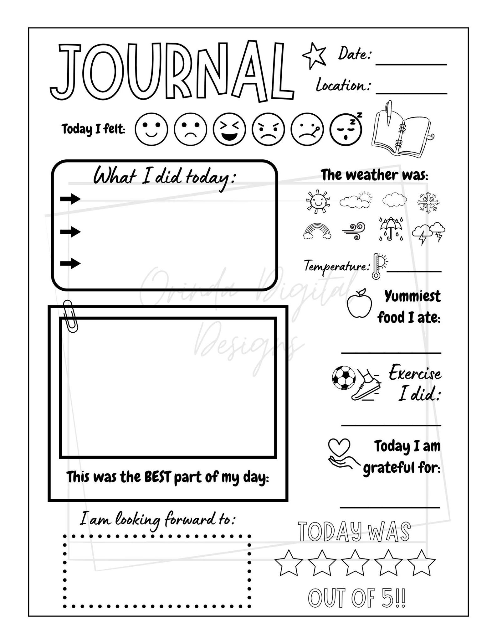 Kids Daily Journal Page - DIGITAL DOWNLOAD Pdf - Children's Diary - One ...