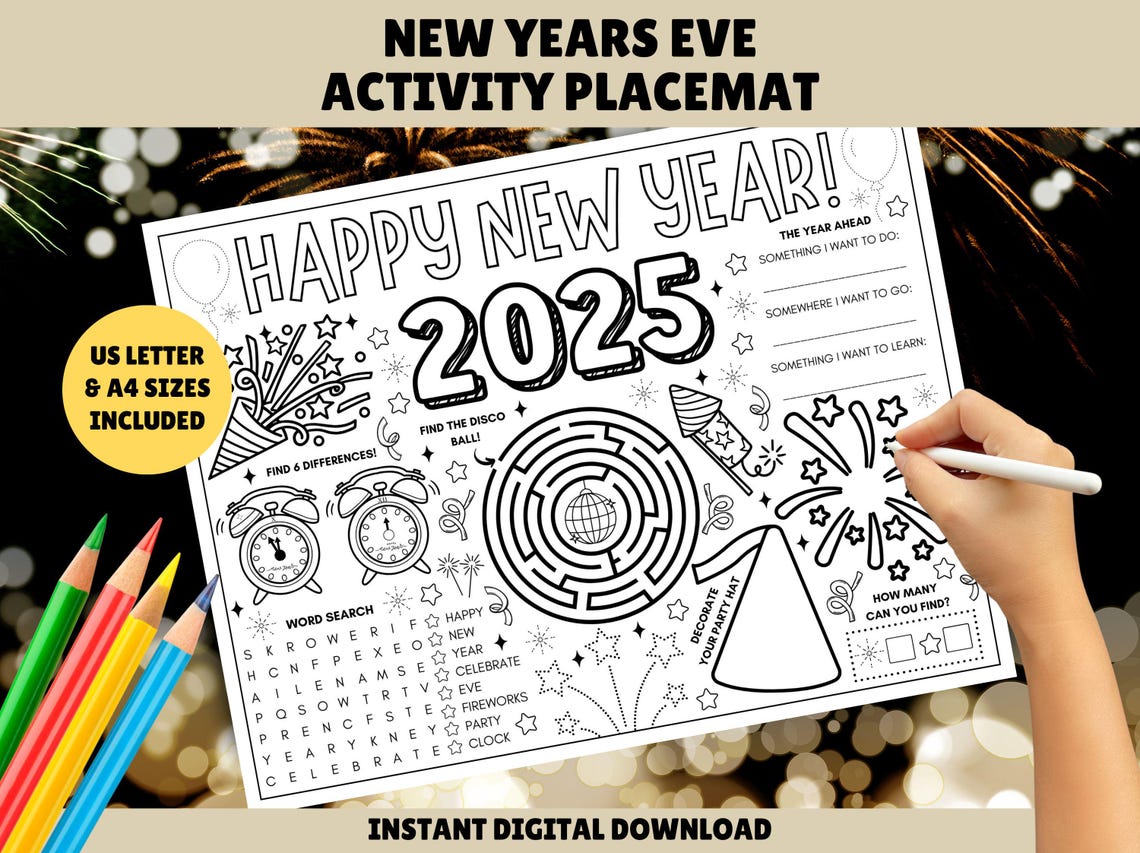 New Years Eve Activity Placemat for Kids - PRINTABLE New Years Activity ...