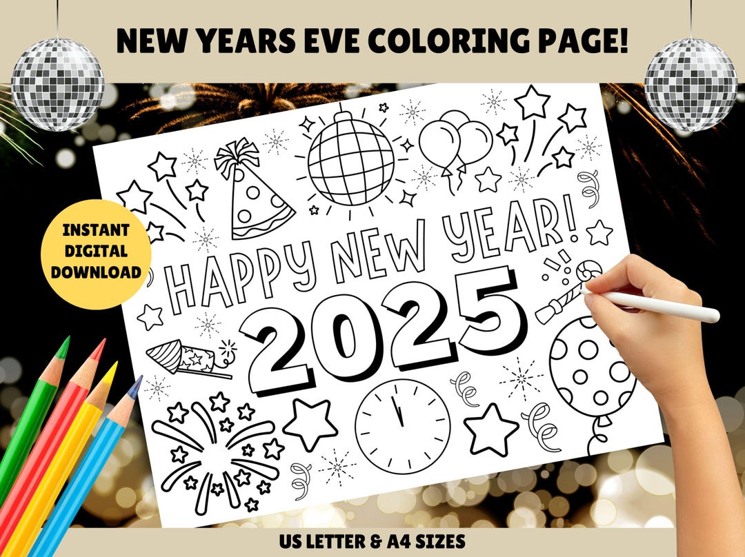 Happy New Year 2025 Coloring Page for Kids - PRINTABLE New Year's ...