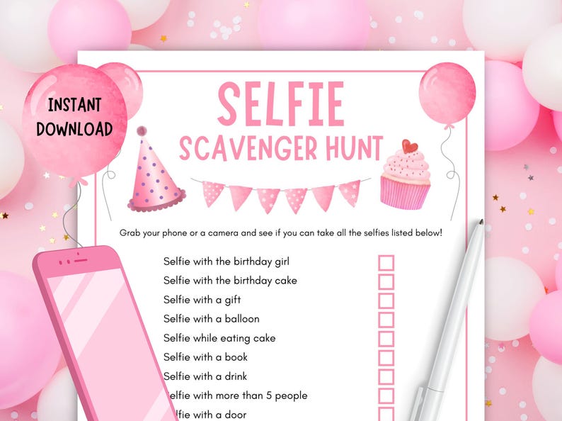 Selfie Scavenger Hunt Game! PRINTABLE Girls Birthday Game, Selfies Game ...