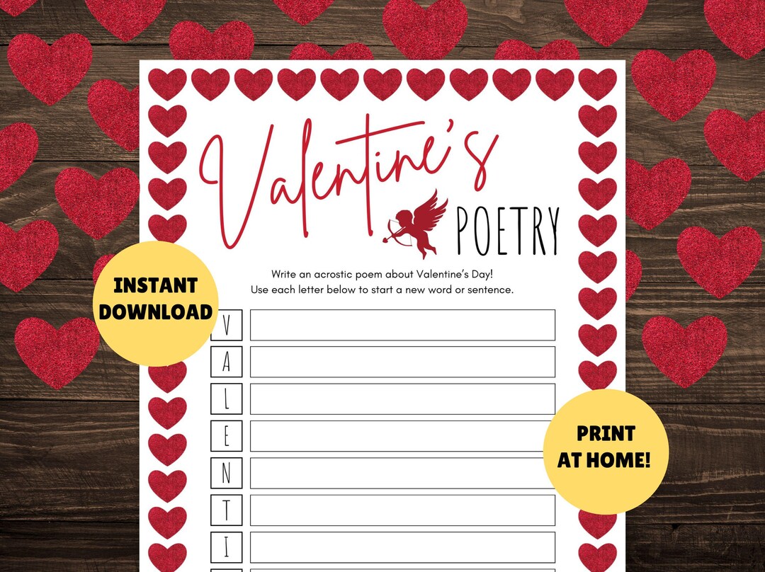 Valentine's Poetry Page - PRINTABLE Valentines Acrostic Poem - DIY ...