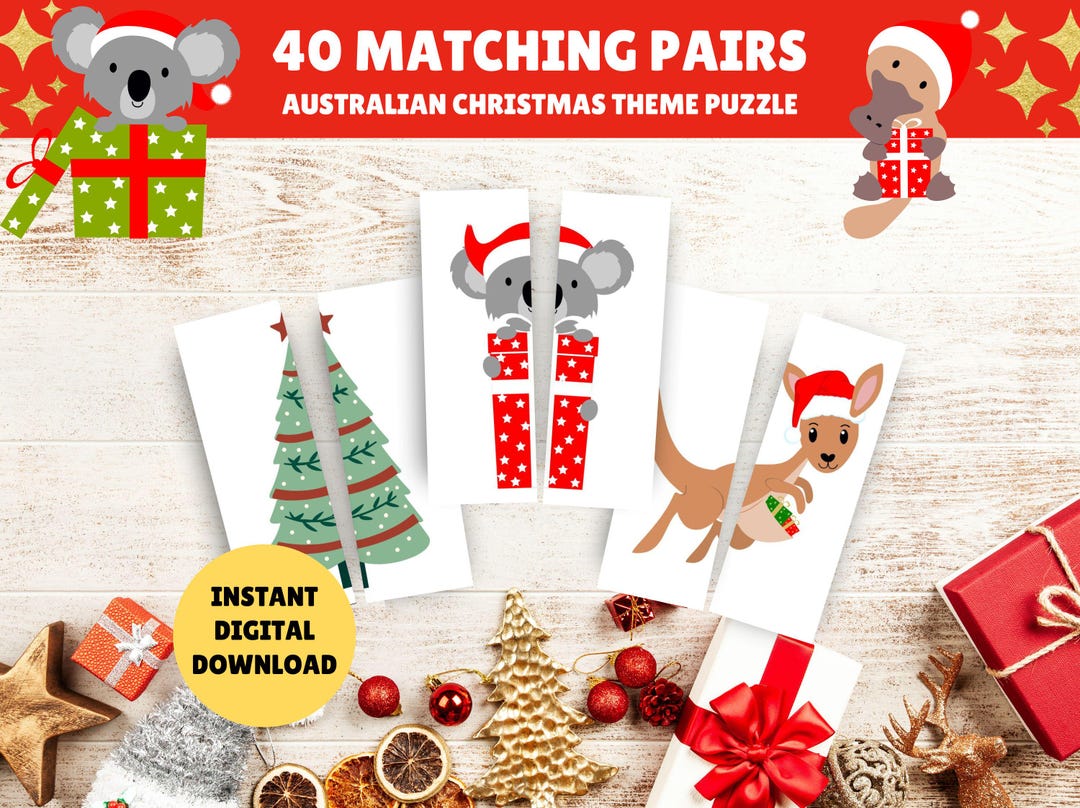 40 Printable Matching Pairs Puzzle - Cute Australian Christmas Theme ...