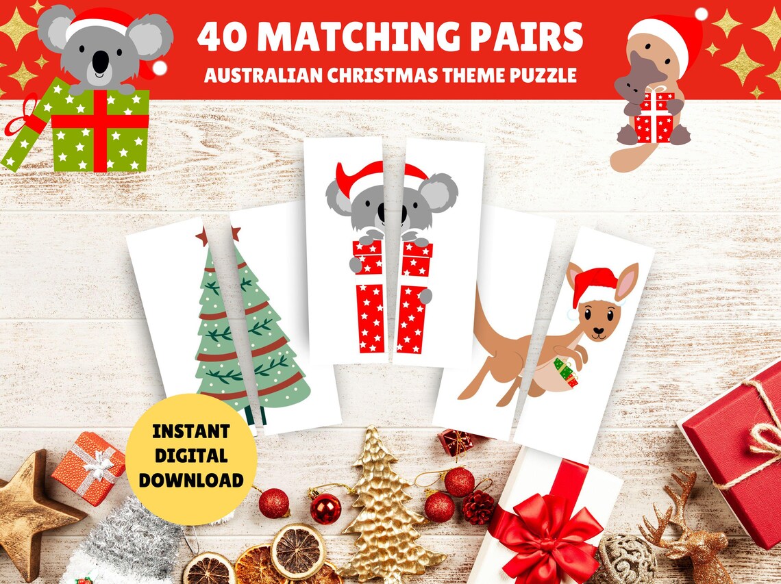40 Printable Matching Pairs Puzzle - Cute Australian Christmas Theme ...