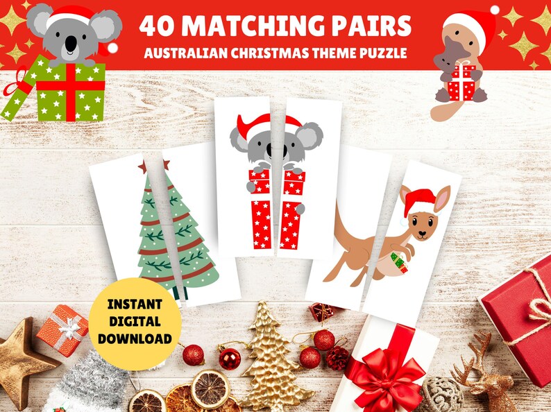 40 Printable Matching Pairs Puzzle - Cute Australian Christmas Theme ...