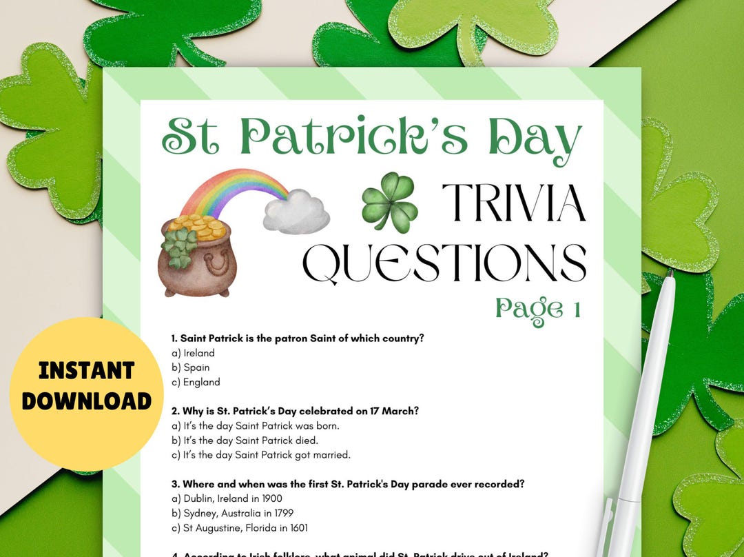 St Patrick's Day Trivia Game! PRINTABLE St Patricks Day Activity, St ...