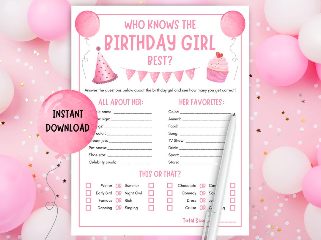 Who Knows the Birthday Girl Best! PRINTABLE Who Knows Her Best Birthday ...
