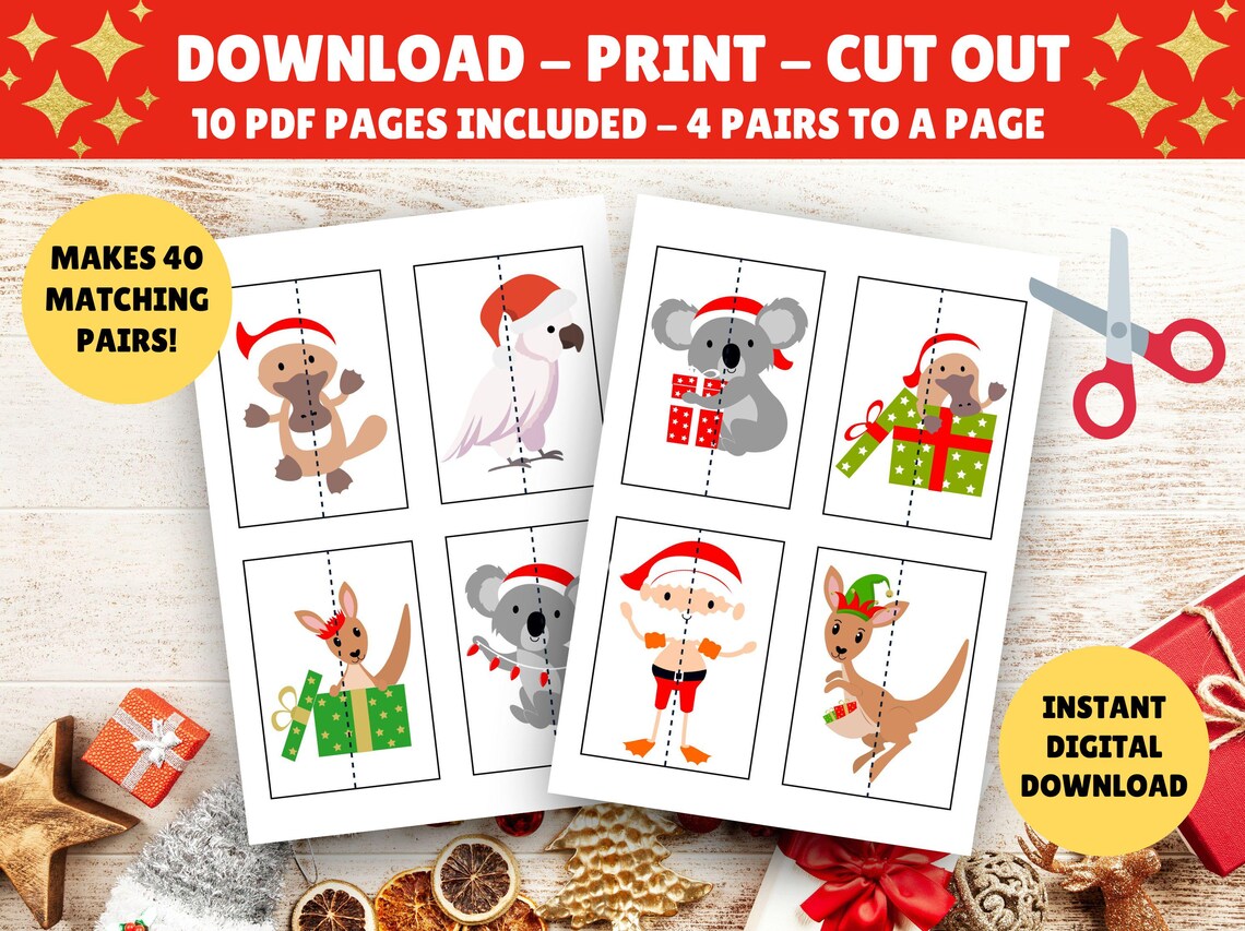 40 Printable Matching Pairs Puzzle - Cute Australian Christmas Theme ...