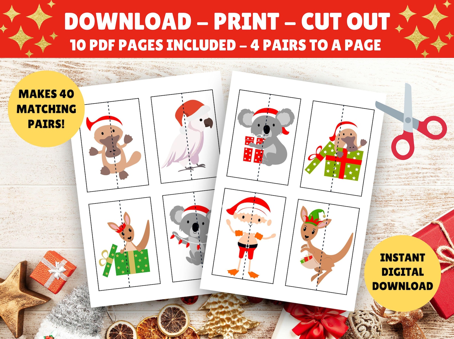 40 Printable Matching Pairs Puzzle - Cute Australian Christmas Theme ...