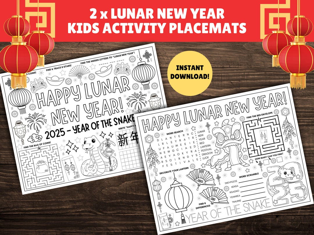 2 X Kids Lunar New Year Activity Placemats, PRINTABLE Lunar New Year ...