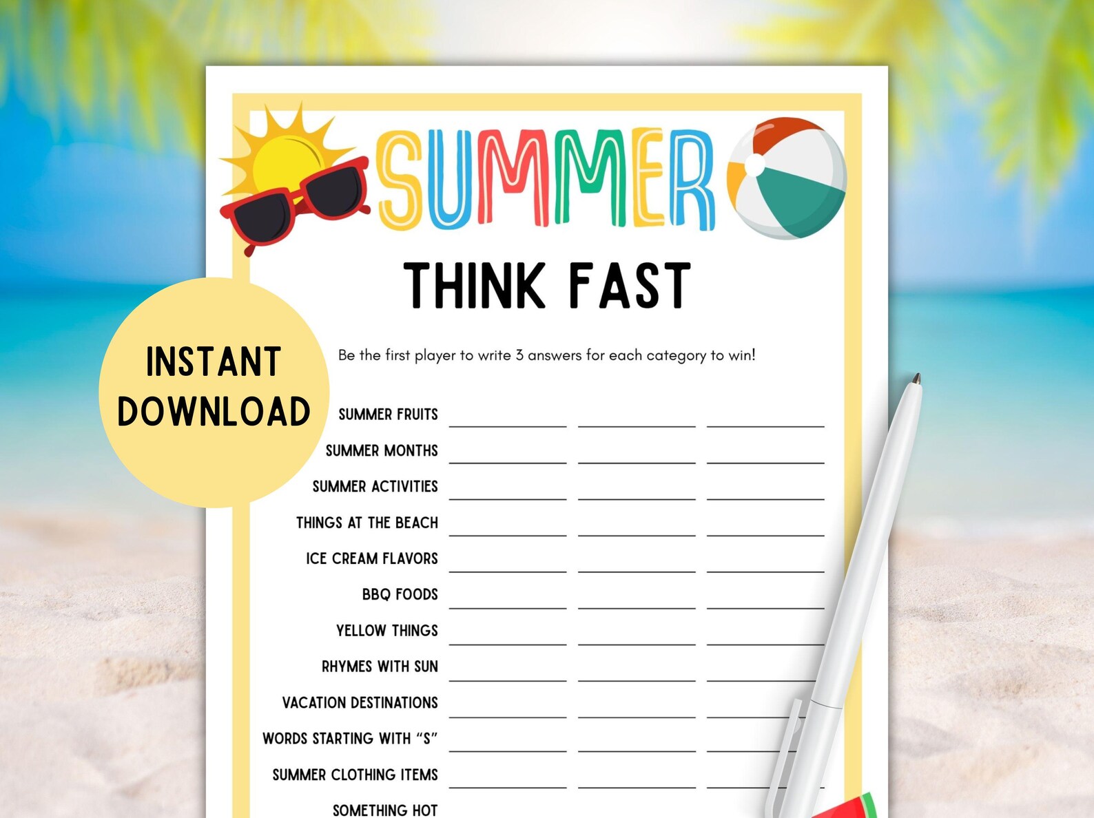 Summer Think Fast Game! PRINTABLE Summer Think Quick Game, Summer ...