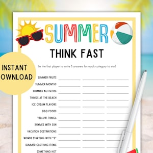 Summer Think Fast Game! PRINTABLE Summer Think Quick Game, Summer ...