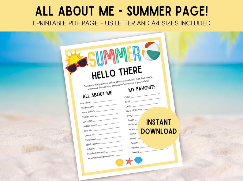 Summer All About Me Page! PRINTABLE Summer Introductions Page, Summer ...