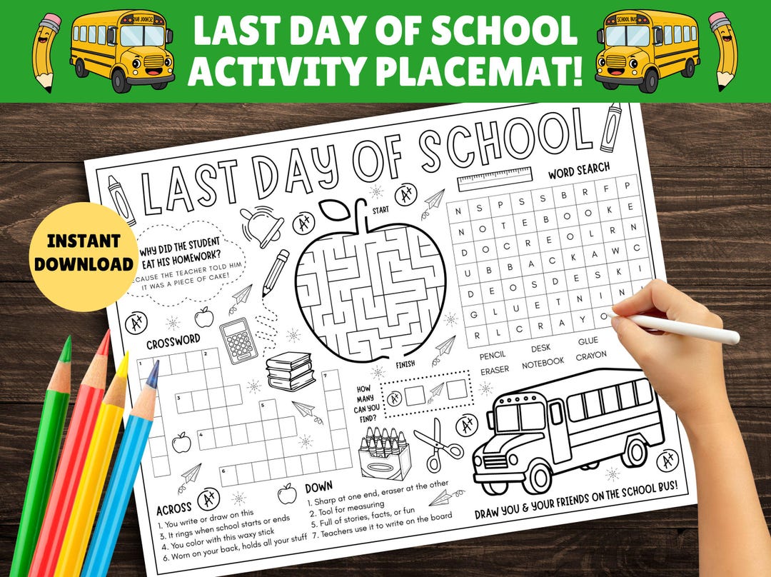 Last Day of School Activity Placemat - PRINTABLE Kids Worksheet, Maze ...