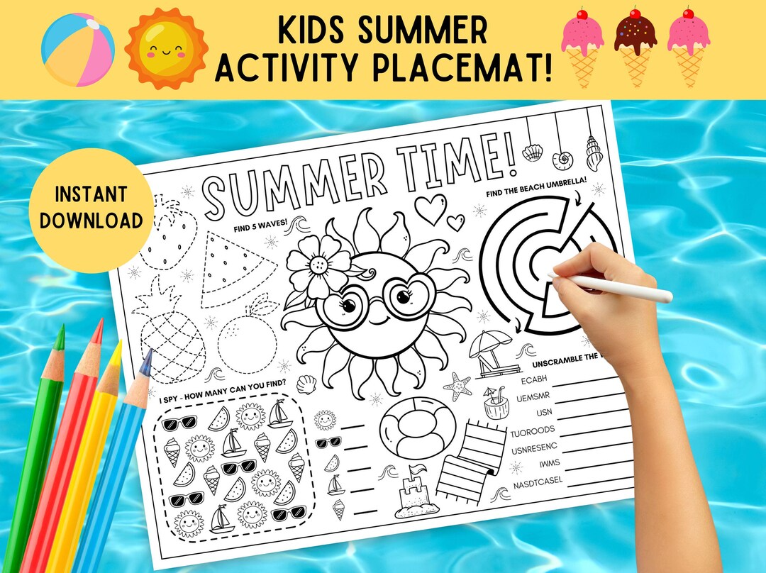 Kids Summer Activity Placemat! PRINTABLE Summer Kids Activity Page ...