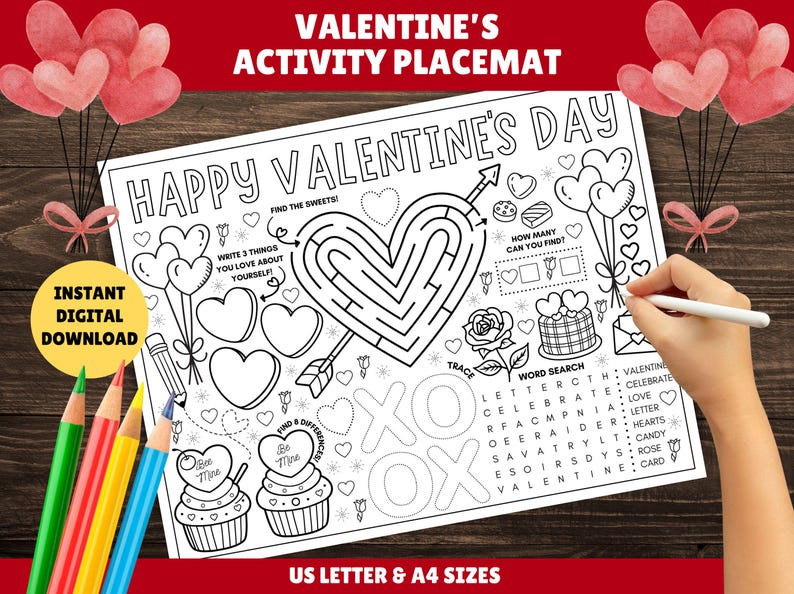 Kids Valentine's Day Activity Placemat - PRINTABLE Valentines Placemats ...