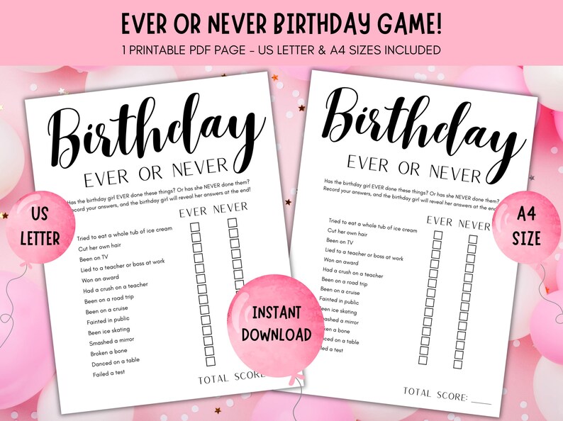 Ever or Never Birthday Game! PRINTABLE Has She Ever Party Game, Girls ...