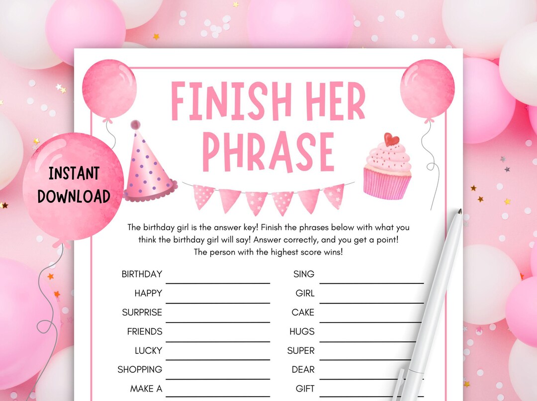 Finish Her Phrase Game! PRINTABLE Girls Birthday Game, Finish the ...