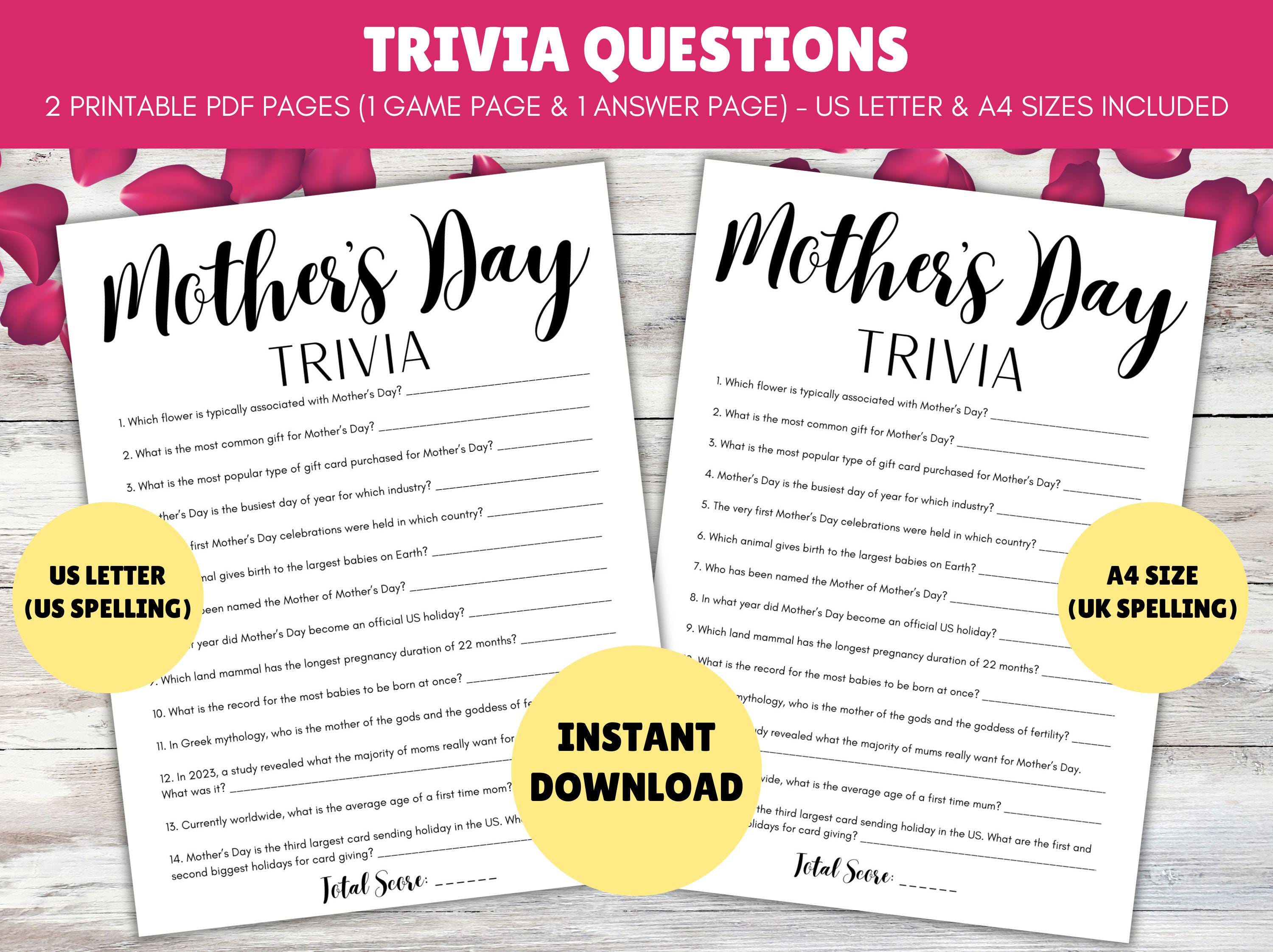 Trivia Questions! PRINTABLE Mother's Day Trivia Game, Moms Party Game ...