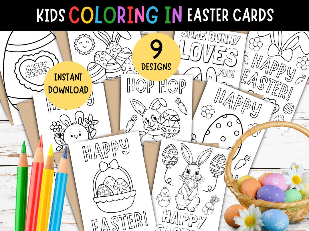 9 X Kids Coloring Easter Cards! PRINTABLE Easter Card for Kids, "happy ...