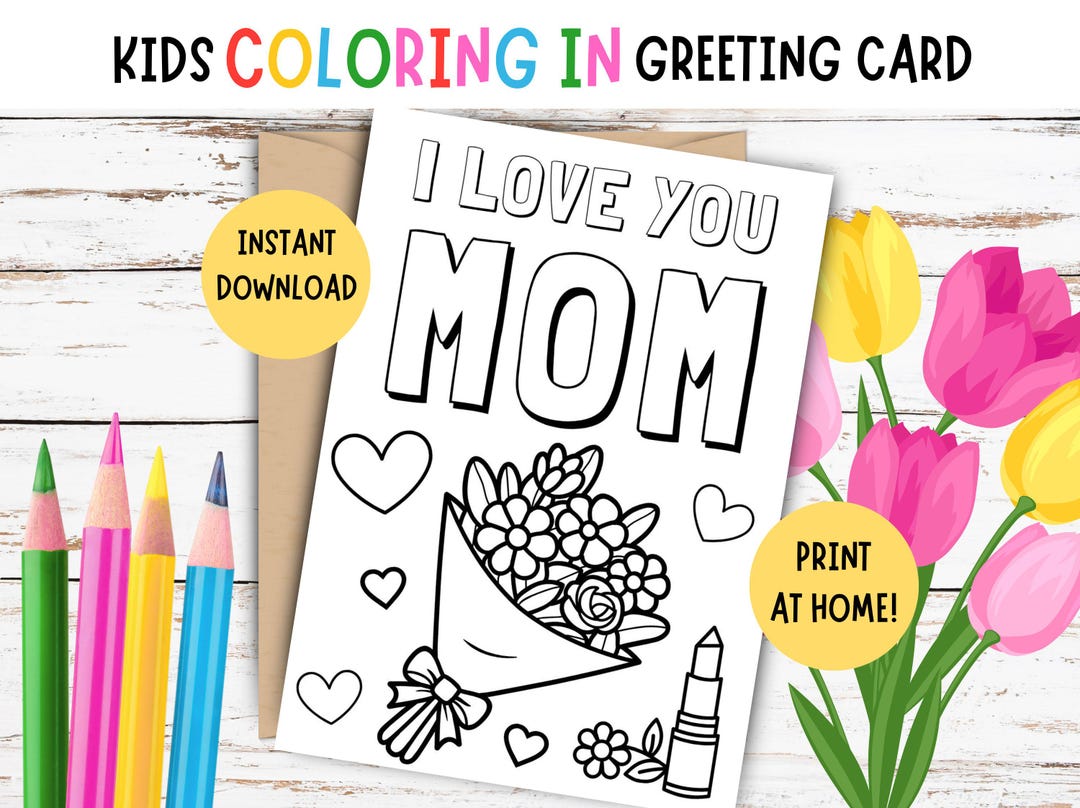 Kids Mother's Day Coloring Card - PRINTABLE Kids Mother's Day Card ...