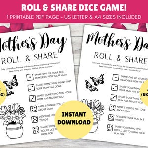 Roll & Share Dice Game! PRINTABLE Mother's Day Dice Game, Mothers Day ...