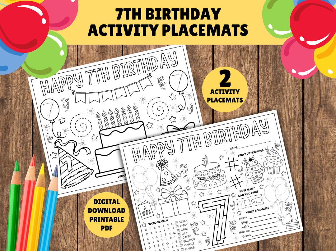 7th Birthday Activity Placemats - Printable Kids Birthday Placemat ...