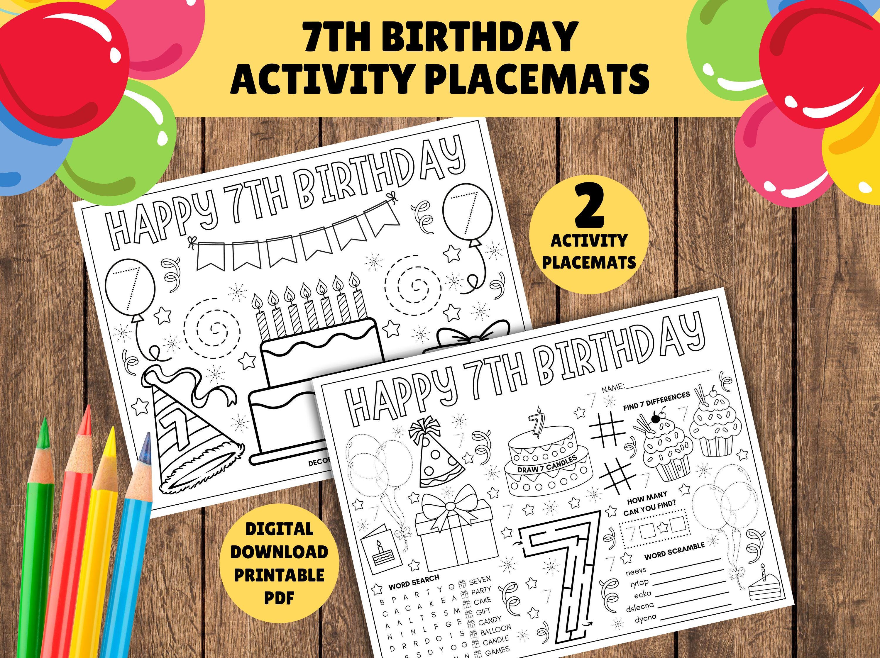 7th Birthday Activity Placemats - Printable Kids Birthday Placemat ...