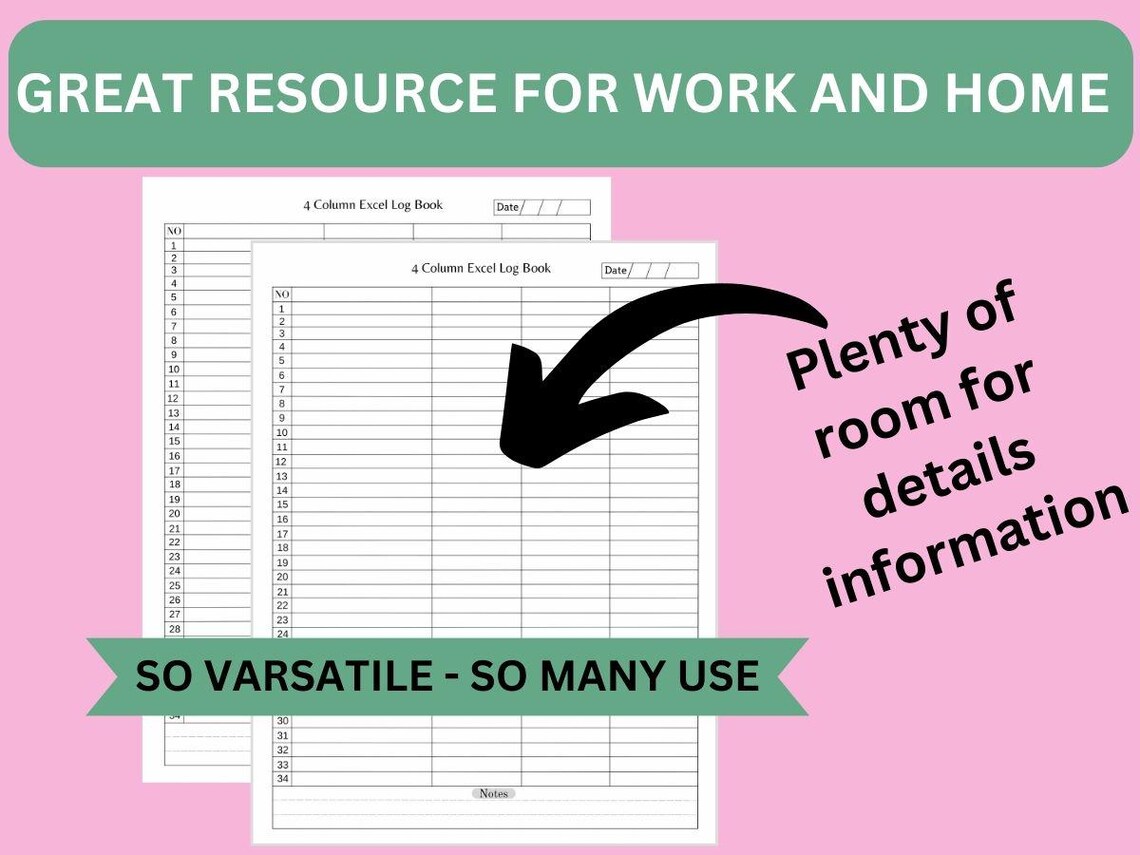 4 Column Excel Log Book Template (PDF, PNG, JPG) - Etsy