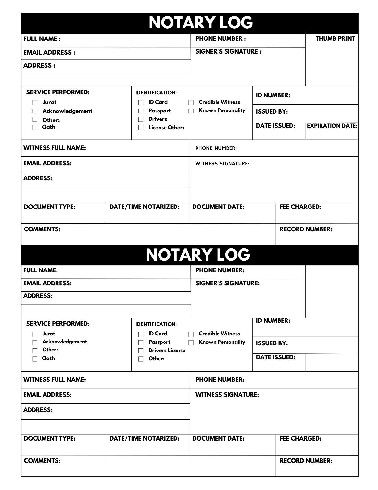 Printable Notary Journal, Notary Book, Ledger for Notary Signing Agent ...