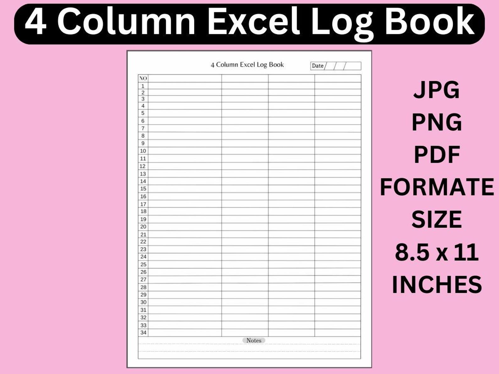 4 Column Excel Log Book Template (PDF, PNG, JPG) - Etsy