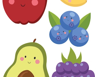 Cute Fruit Clipart Clip Art Set of Orange, Apple, Banana, Fruit, Happy ...